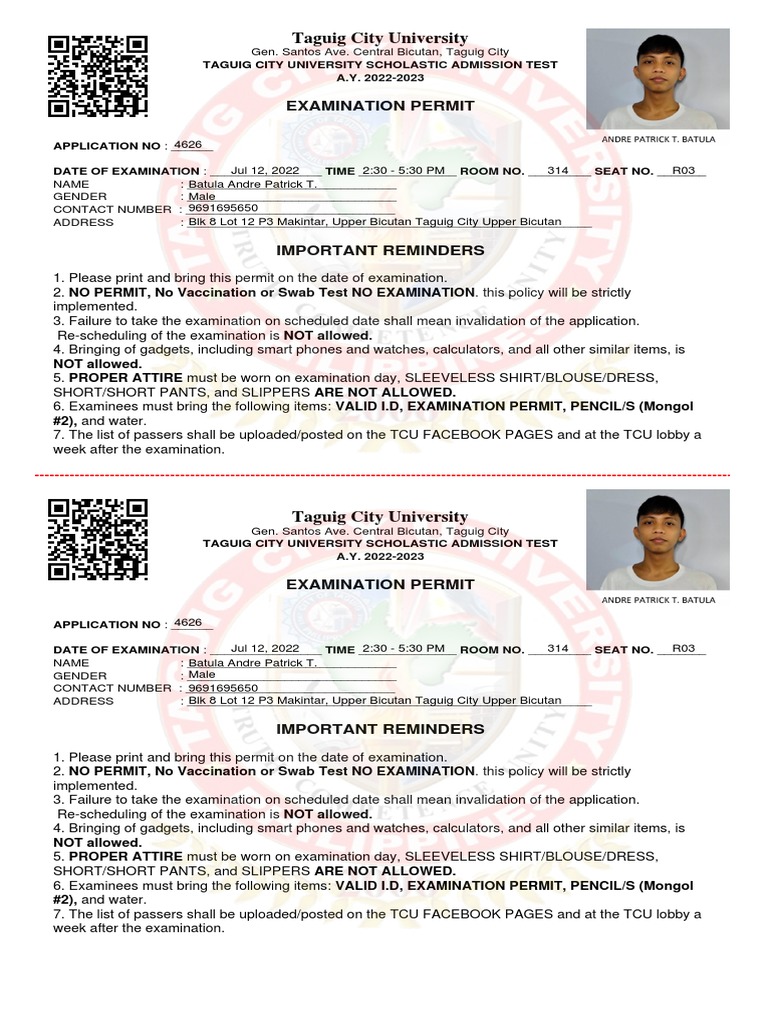 Examination Permit: Taguig City University | PDF | Consumer Goods ...