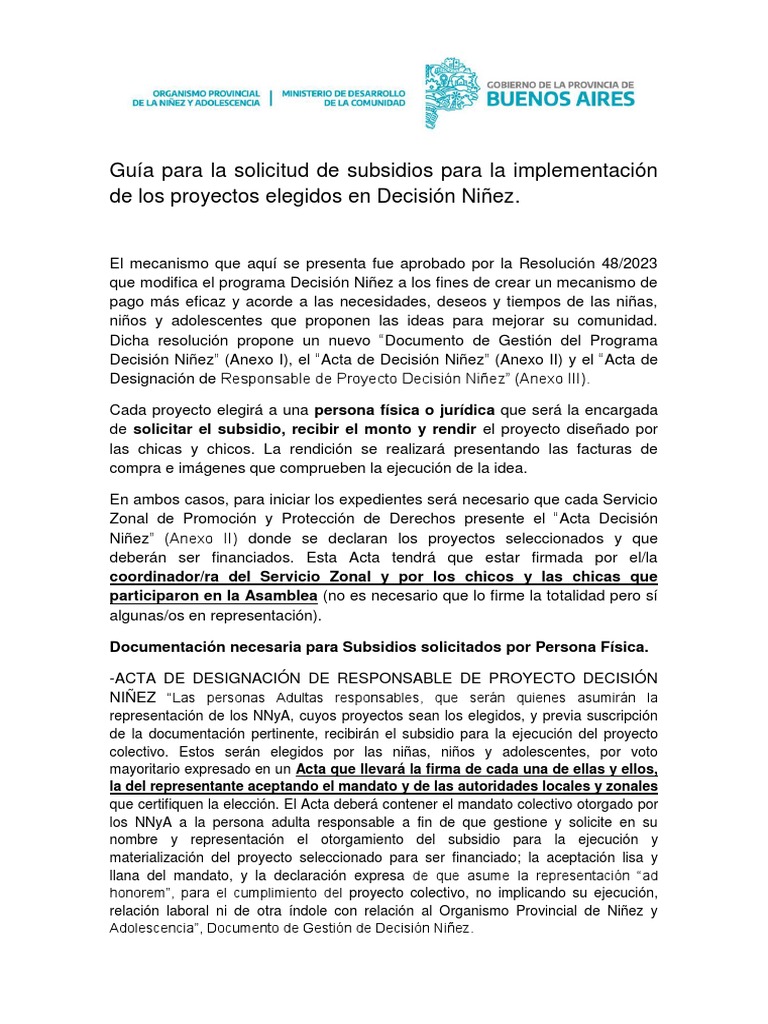 Guía para La Solicitud de Subsidios para La Implementación de Los Proyectos Elegidos en Decisión ...