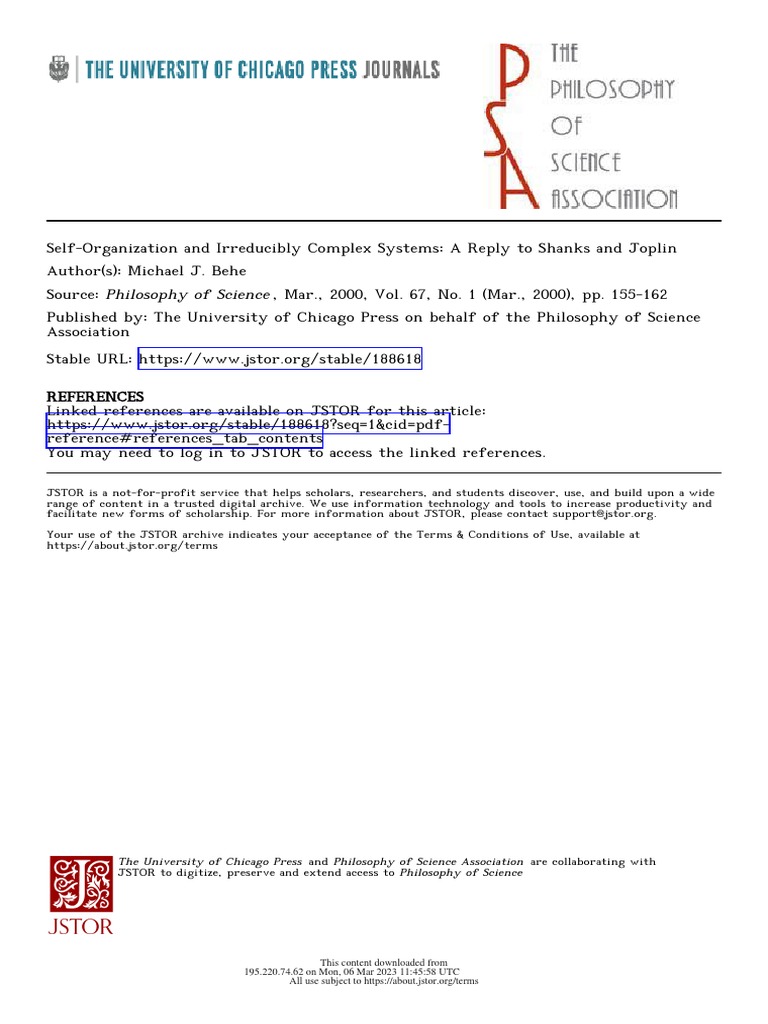 Behe Self-Organization and Irreducibly Complex Systems-A Reply To ... Behe Self-Organization and Irreducibly Complex Systems-A Reply To ...