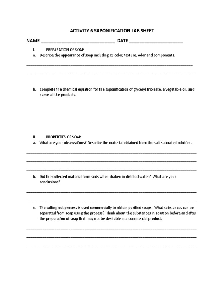 Activity 6 Saponification Lab Sheet | PDF Activity 6 Saponification Lab Sheet | PDF