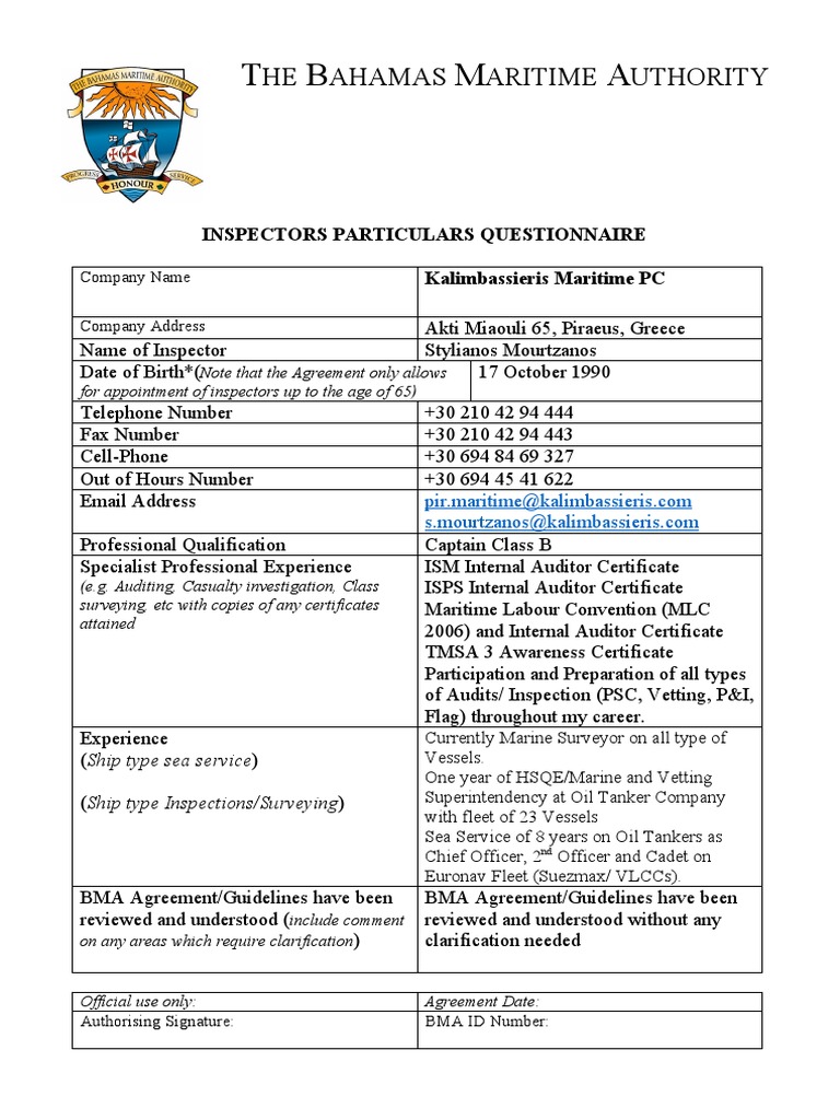 Bahamas Maritime Authority Inspector Info | PDF | Ships | Water Transport