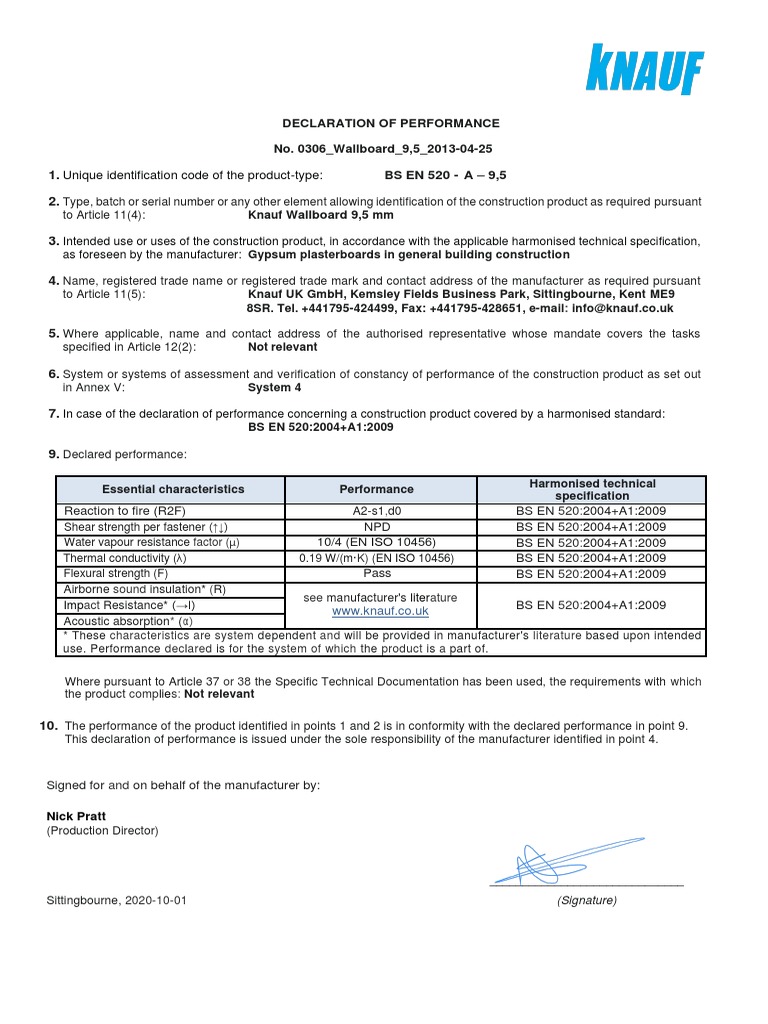 Declaration of Performance Wallboard 95mm | Download Free PDF | Drywall ...