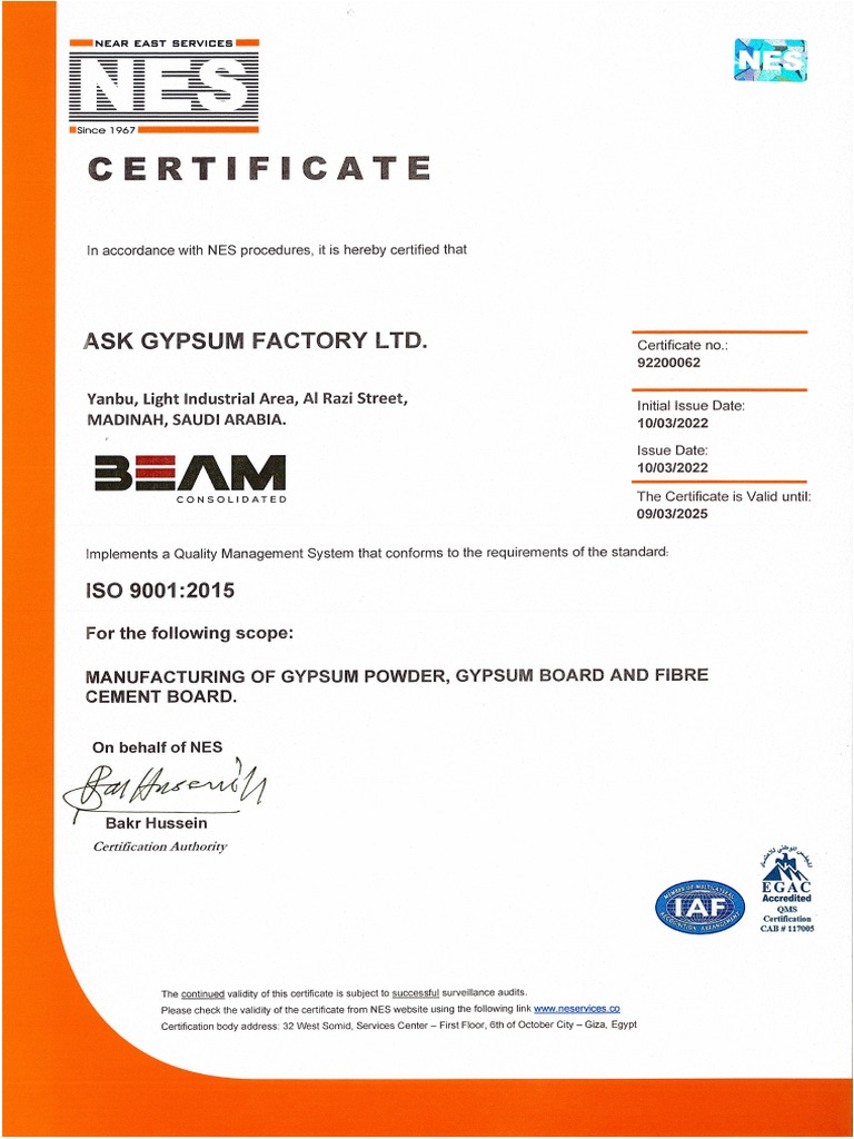 ASK GYPSUM FACTORY - ISO9001 - NES - Certificate | PDF