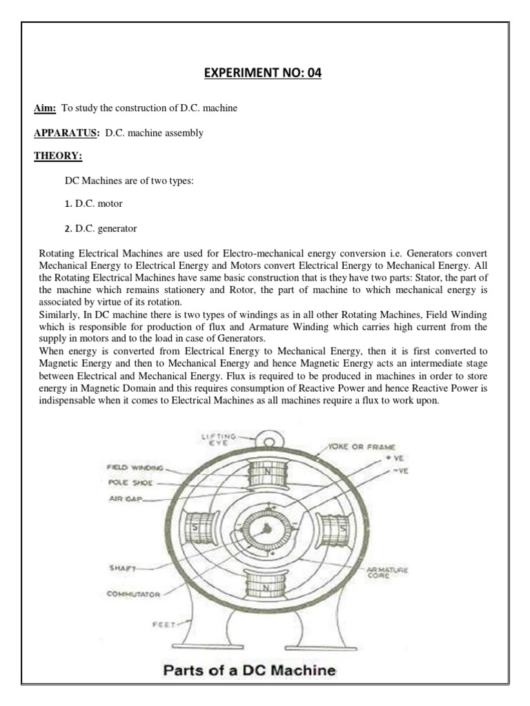 Experiment No - 04 To Study DC Machine | PDF | Electric Motor | Electric Generator