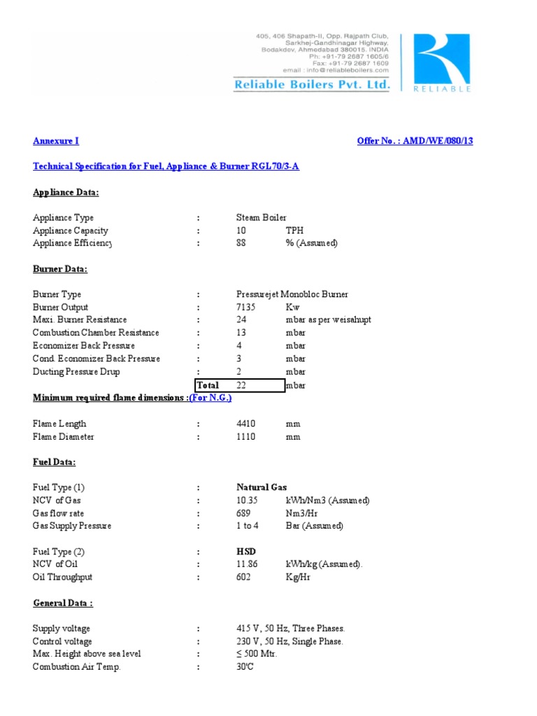 Technical Specifications and Commercial Offer for a Dual Fuel Burner System for a Steam Boiler ...