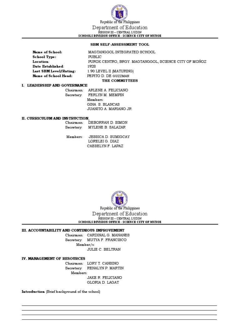 SBM Self Assessment Tool Mis 2021 | PDF | Learning | Motivation