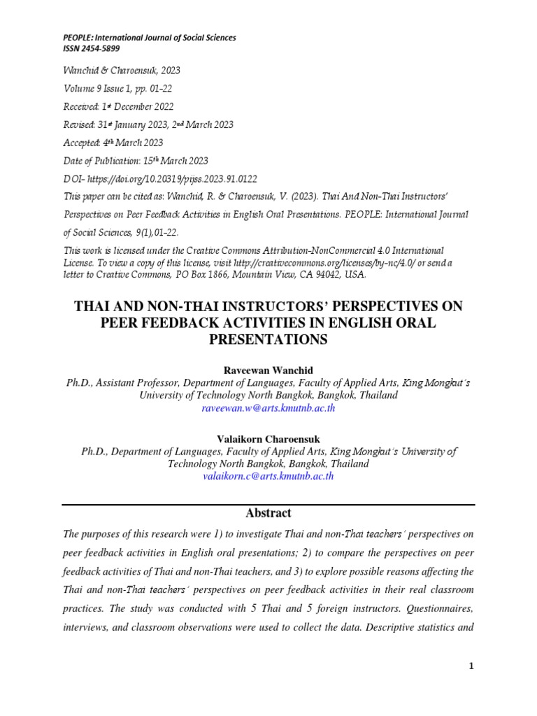 Thai And Non Thai Instructors Perspectives On Peer Feedback Activities