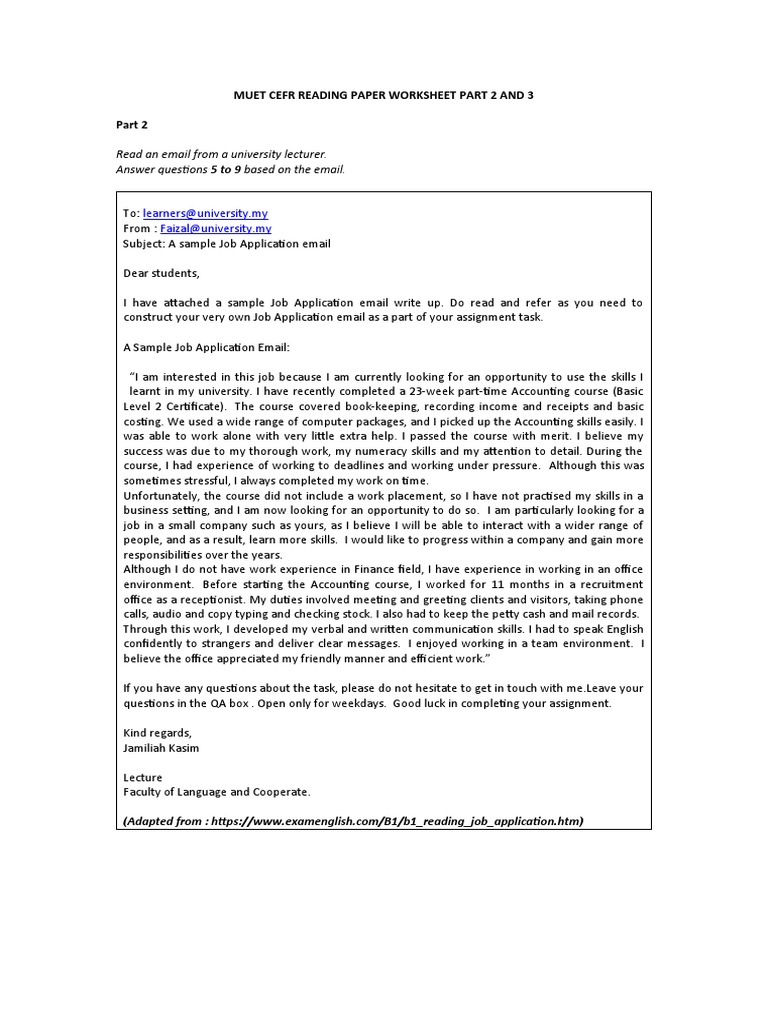 Muet Cefr Reading Paper Worksheet Part 2 and 3 | PDF | Communication