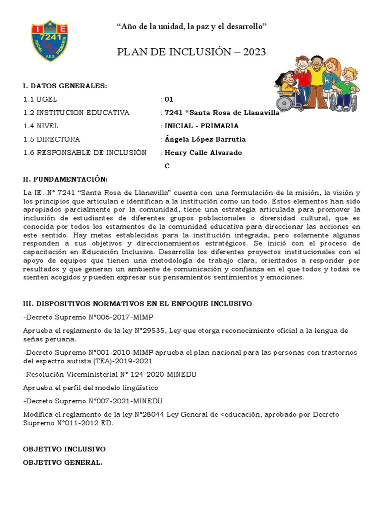 Plan de Inclusión 2023 | PDF | Inclusión (Educación) | Salón de clases