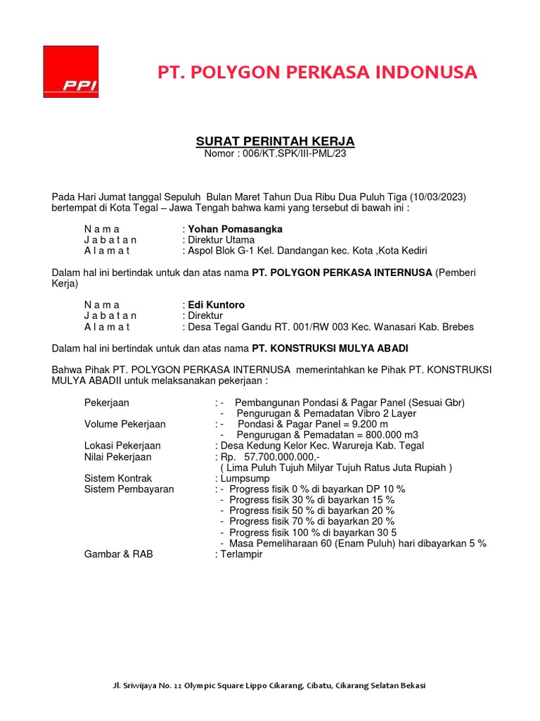 Surat Perintah Kerja PT Polygon | PDF
