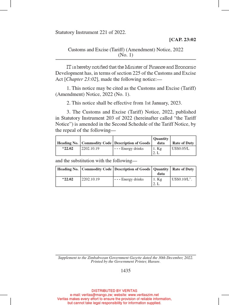 SI 2022-221 Customs and Excise (Tariff) (Amendment) Notice, 2022 (No. 1) | PDF