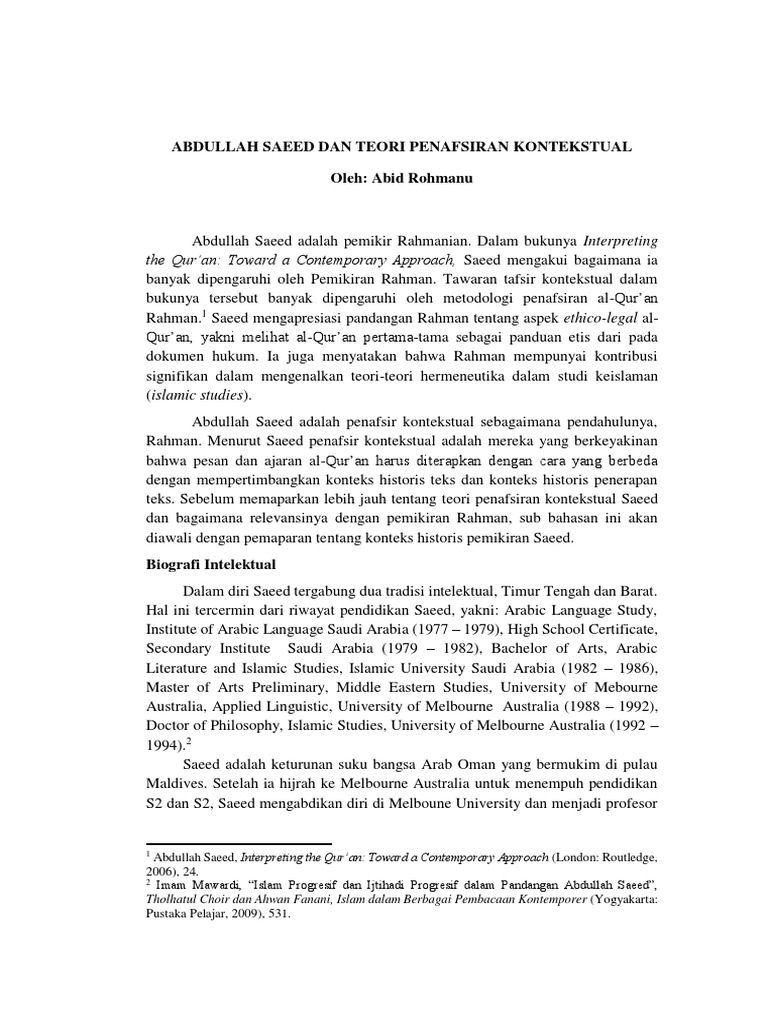 Abdullah Saeed Dan Teori Penafsiran Kontekstual | PDF