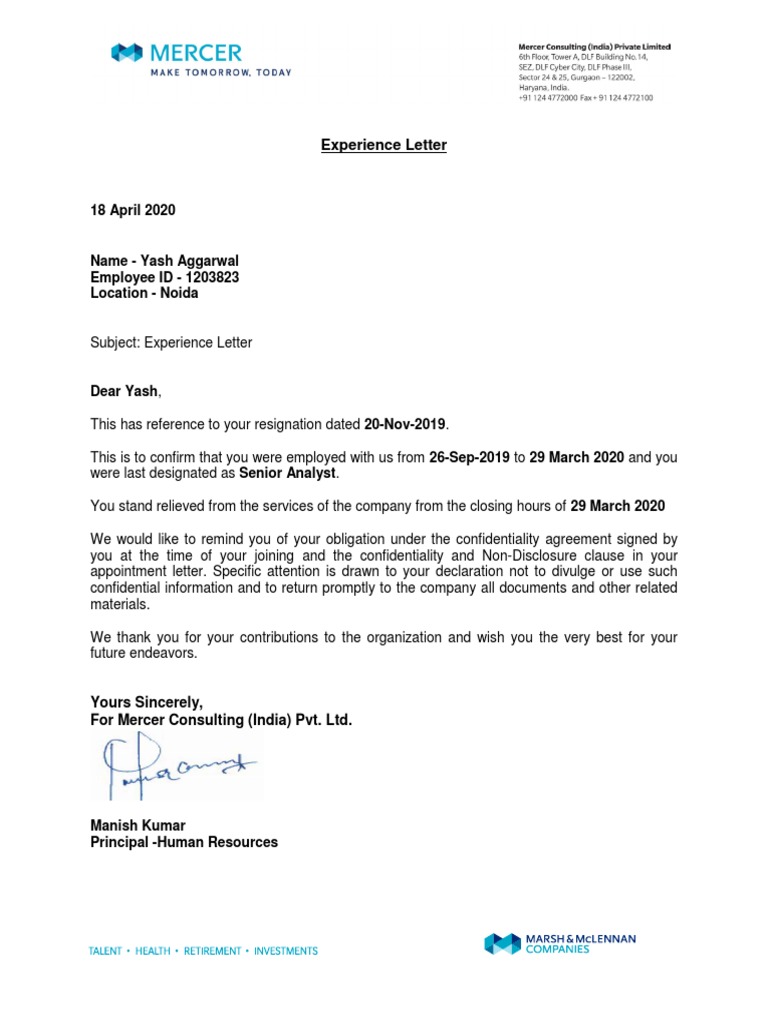 Mercer Experience Letter PDF | PDF | Career & Growth | Business