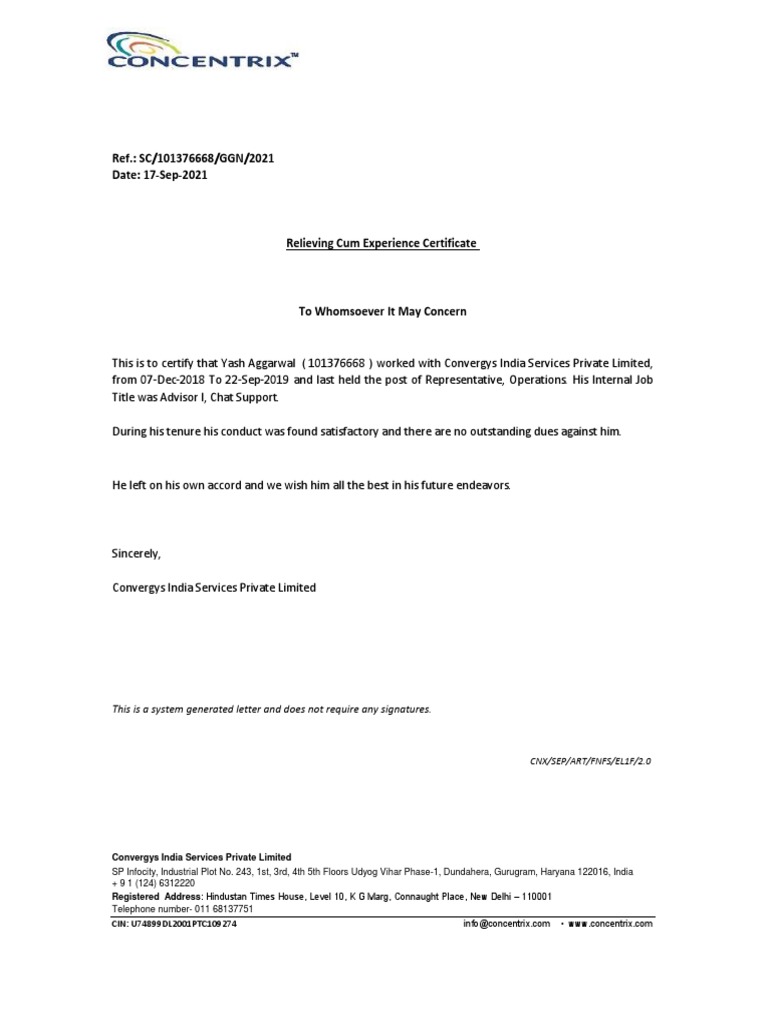 Concentrix Experience and Relieving Certificate | PDF | Business