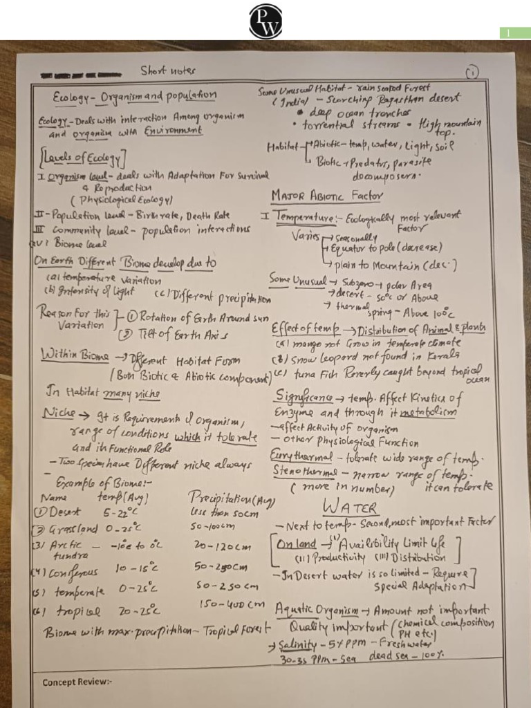 Organisms and Population - Short Notes Tarun Sir | PDF