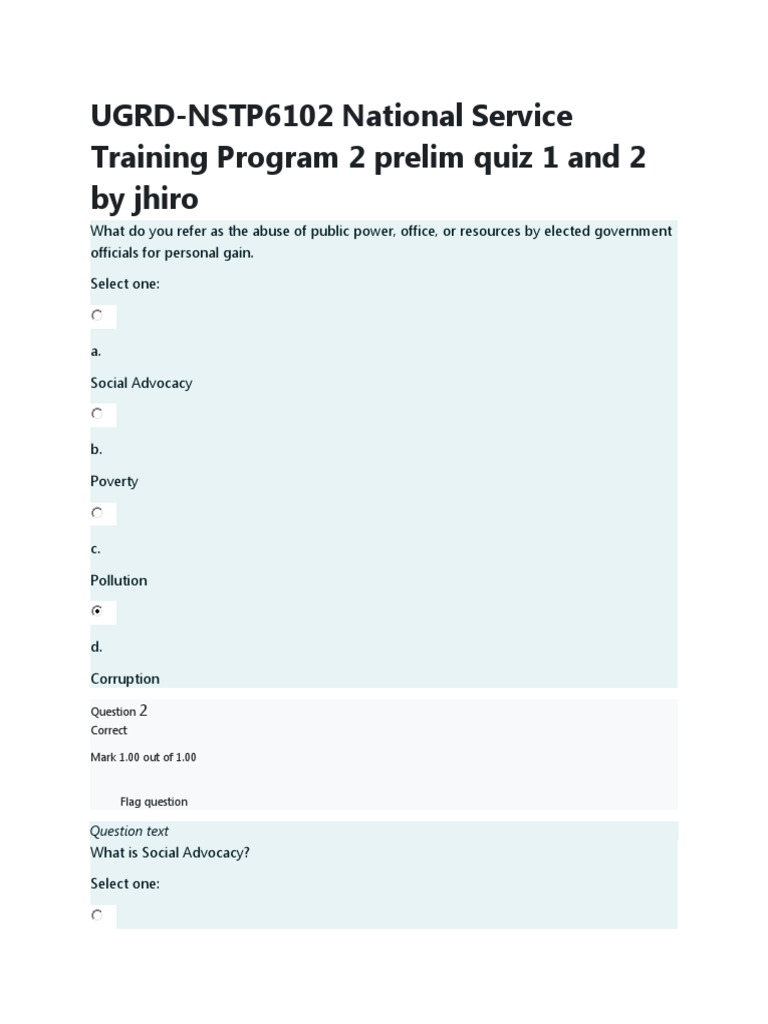 UGRD-NSTP6102 National Service Training Program 2 Prelim Quiz 1 and 2 by Jhiro | PDF | Poverty ...