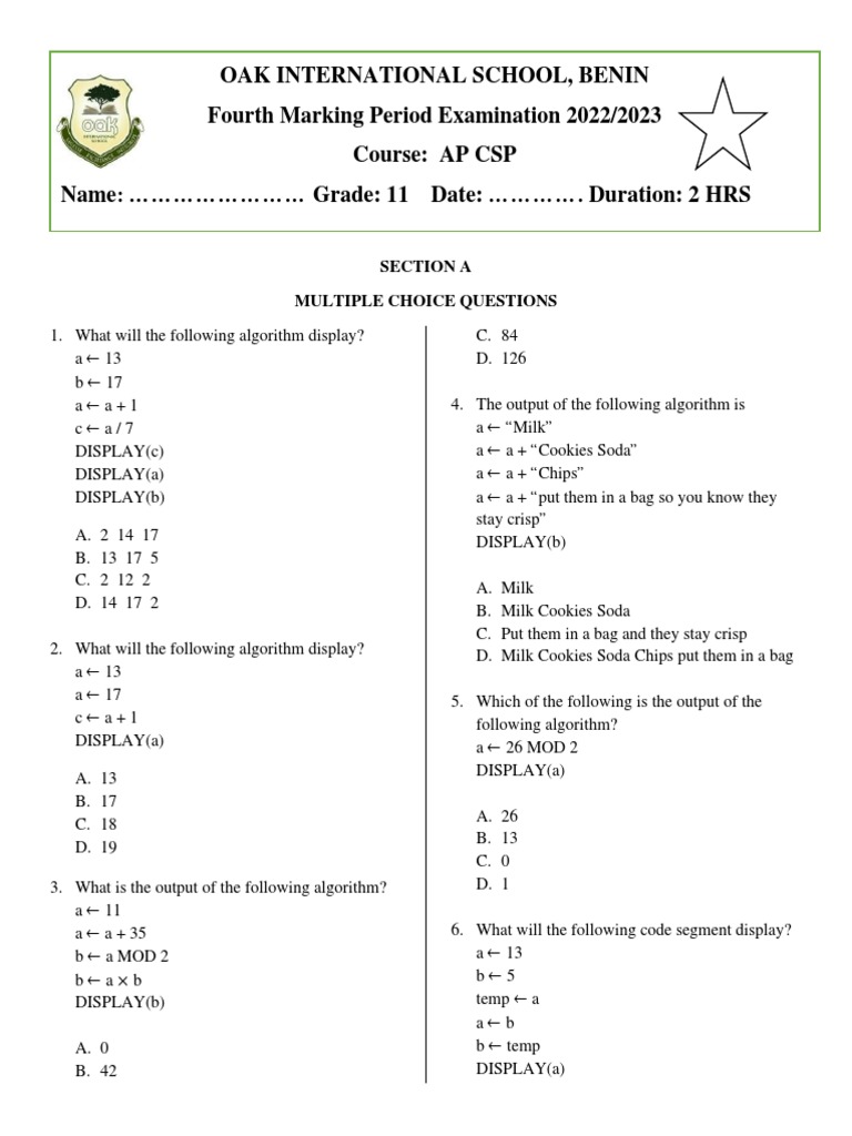 AP CSP Exam: Algorithms & Logic | PDF | Control Flow | Programming