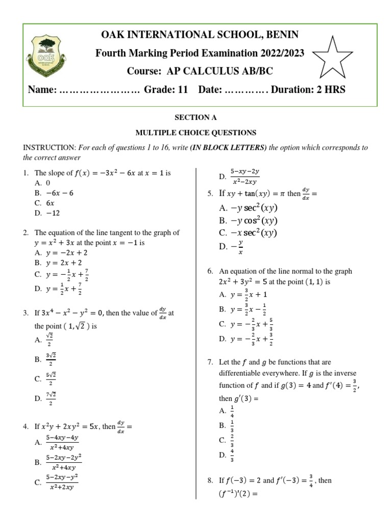 Grade 11 Ap Calculus Ab BC 4TH MP Exam | PDF | Tangent | Derivative