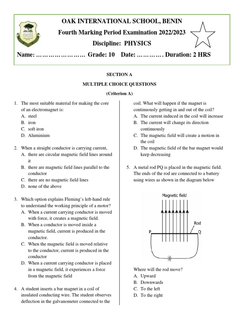Grade 10 Physics 4TH MP Exam | PDF | Electromagnetic Induction ...