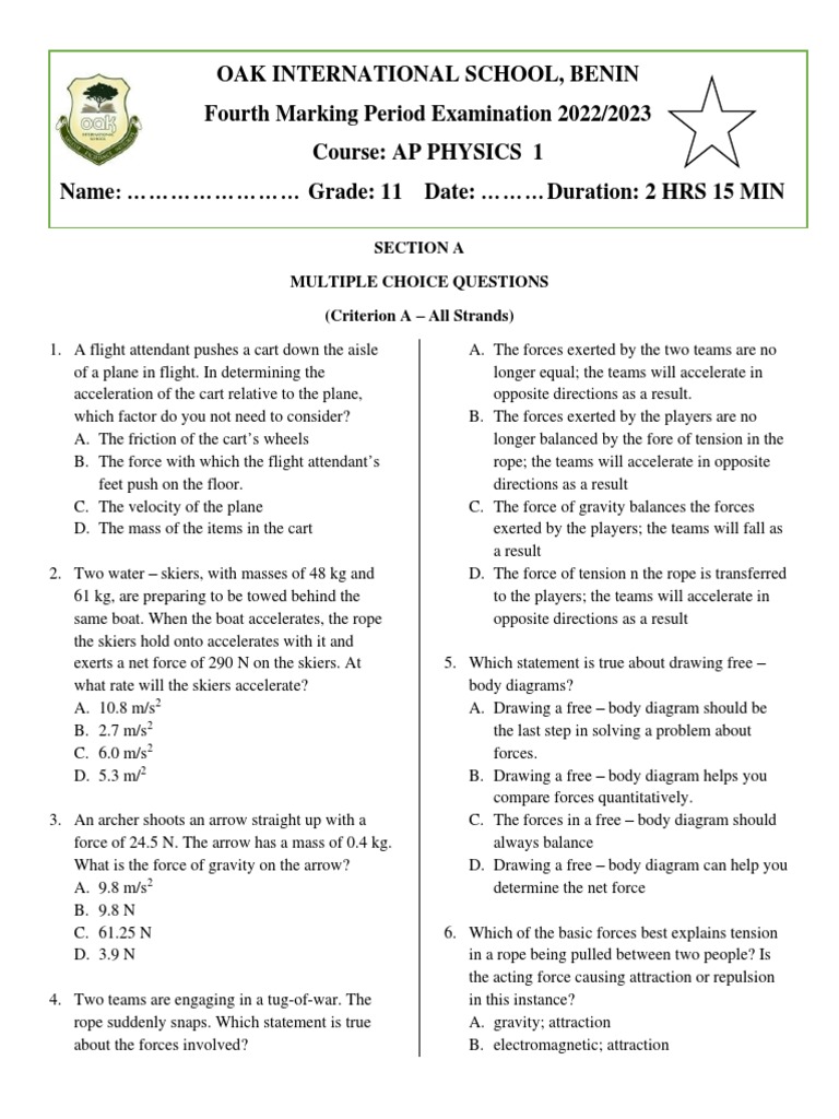 Grade 11 Ap Physics 1 4TH MP Exam | PDF | Force | Weight