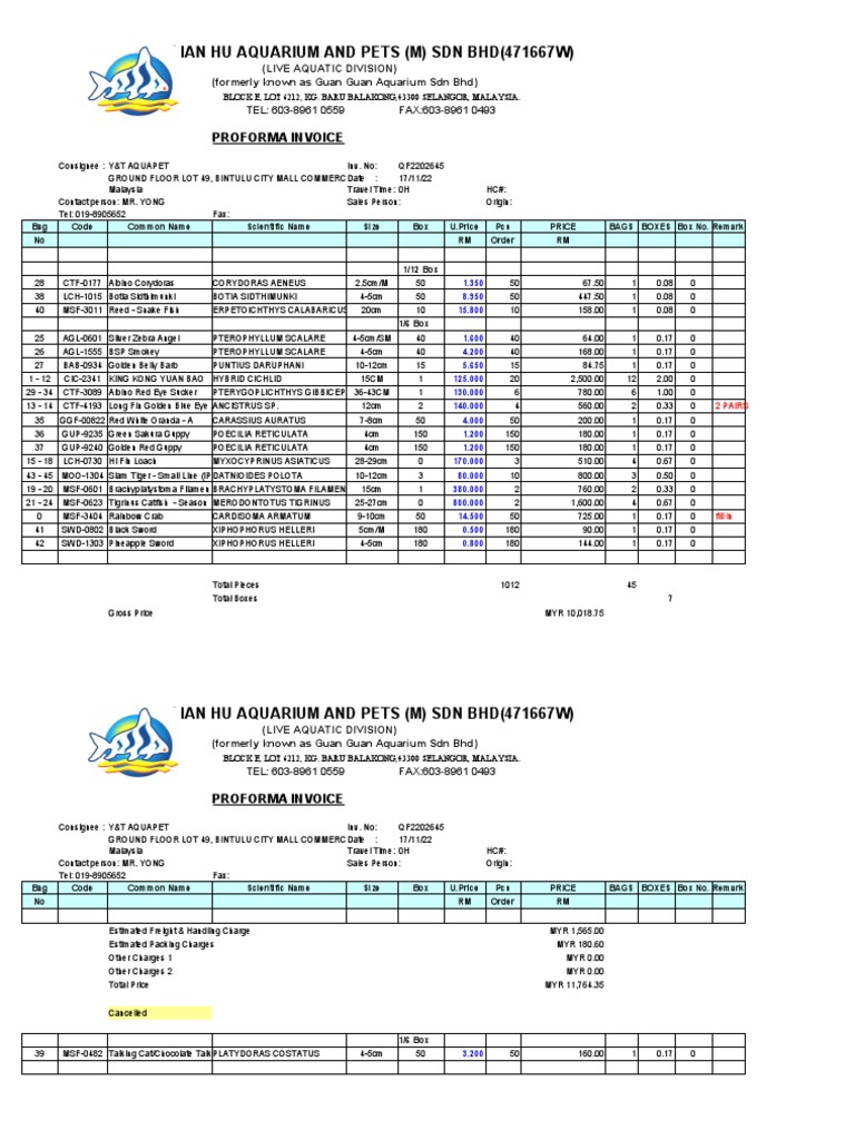 YTA Updated Proforma Invoice (2) - 17nov22 | PDF | Fish | Fishkeeping