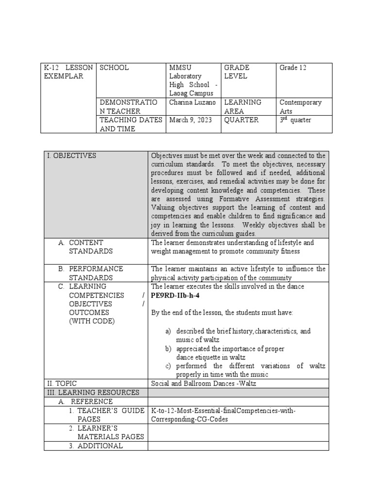 Lesson Plan For Mapeh 9 | PDF | Learning | Dances