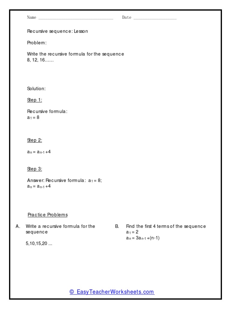 Recursive Formula Worksheet PDF | PDF | Teaching Methods & Materials