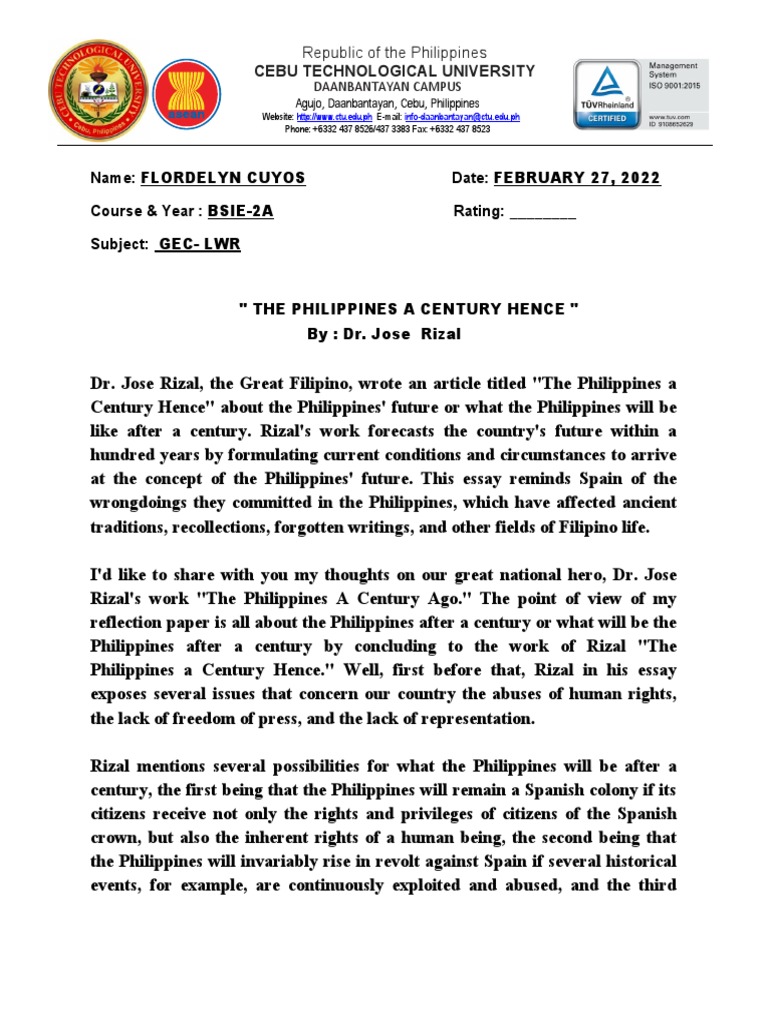 Gec-Lwr Quiz 1 Essay (The Phil. A Century Hence) | PDF | Philippines | Spain