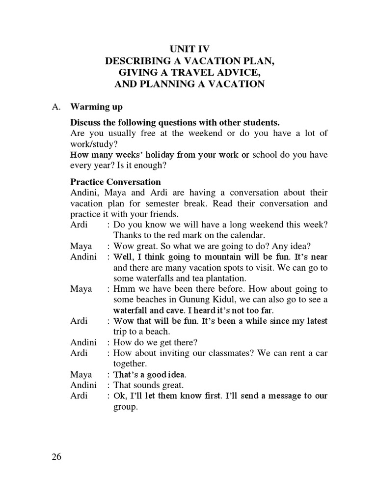 Unit Iv Describing A Vacation Plan | PDF