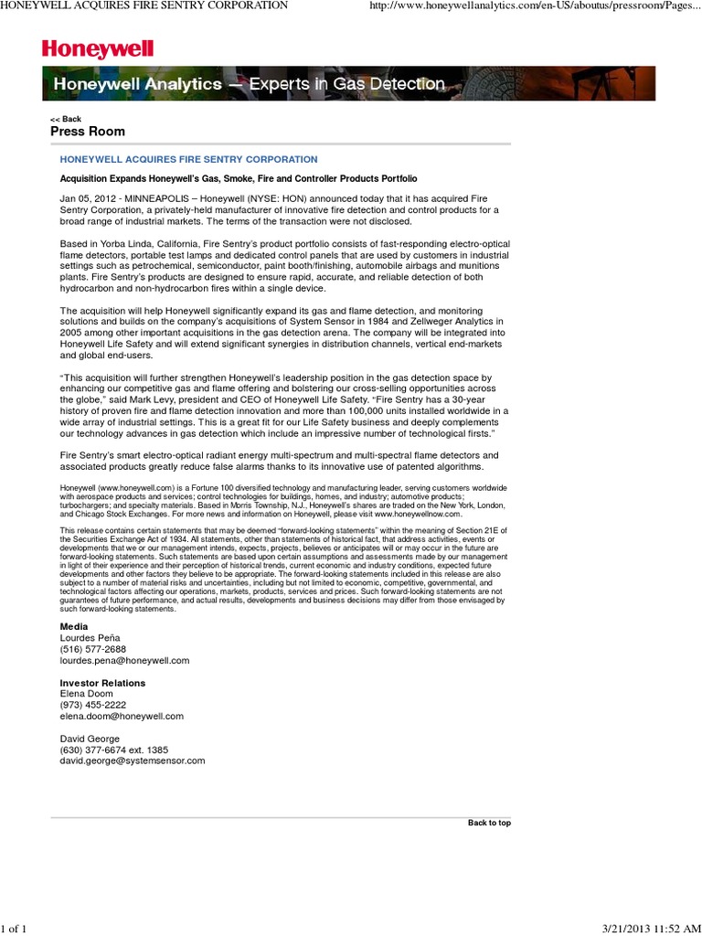 Honeywell Acquires Fire Sentry Corporation | PDF | Honeywell