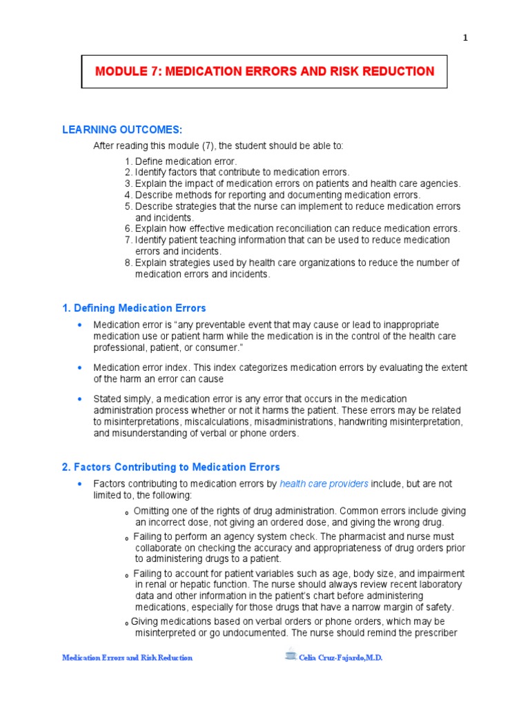 Module 7: Medication Errors and Risk Reduction: Learning Outcomes | PDF ...