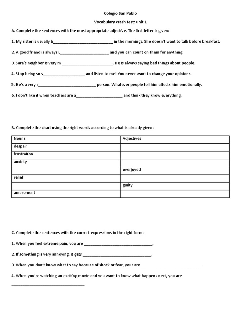 Vocabulary Crash Test: Unit 1 Adjectives | PDF