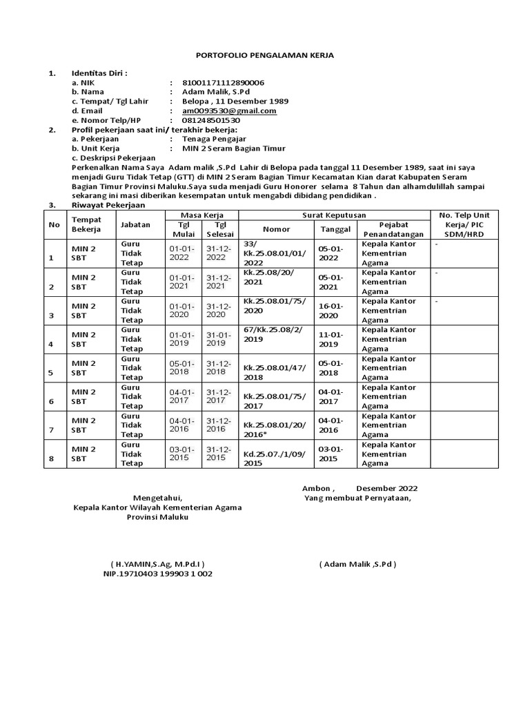 PORTOFOLIO PENGALAMAN KERJA Adam | PDF