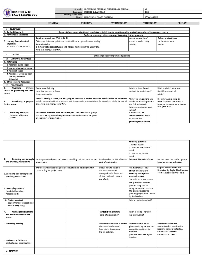 DLL - Tle-Ia 6 - Q3 - W4 | PDF | Rubric (Academic) | Cognition