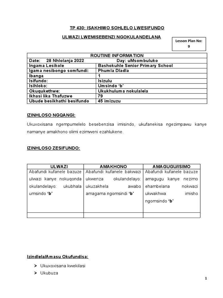 Lesson Plan 9 (IsiZulu) 2022 | PDF