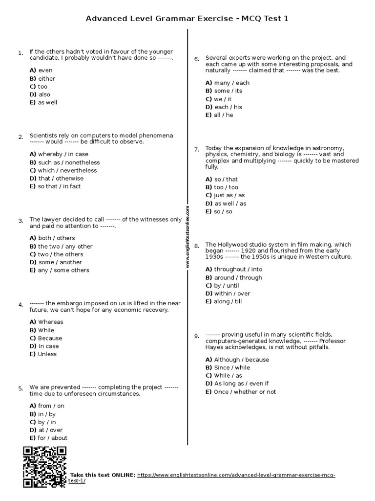 Advanced English Grammar MCQs Test | PDF | Science
