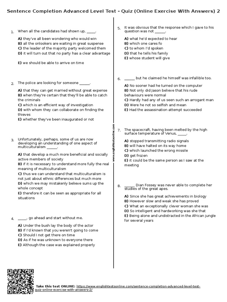 Sentence Completion Advanced Level Test - Understanding Complex ...