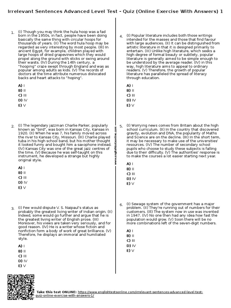 380 - Irrelevant Sentences Advanced Level Test Quiz Online Exercise ...