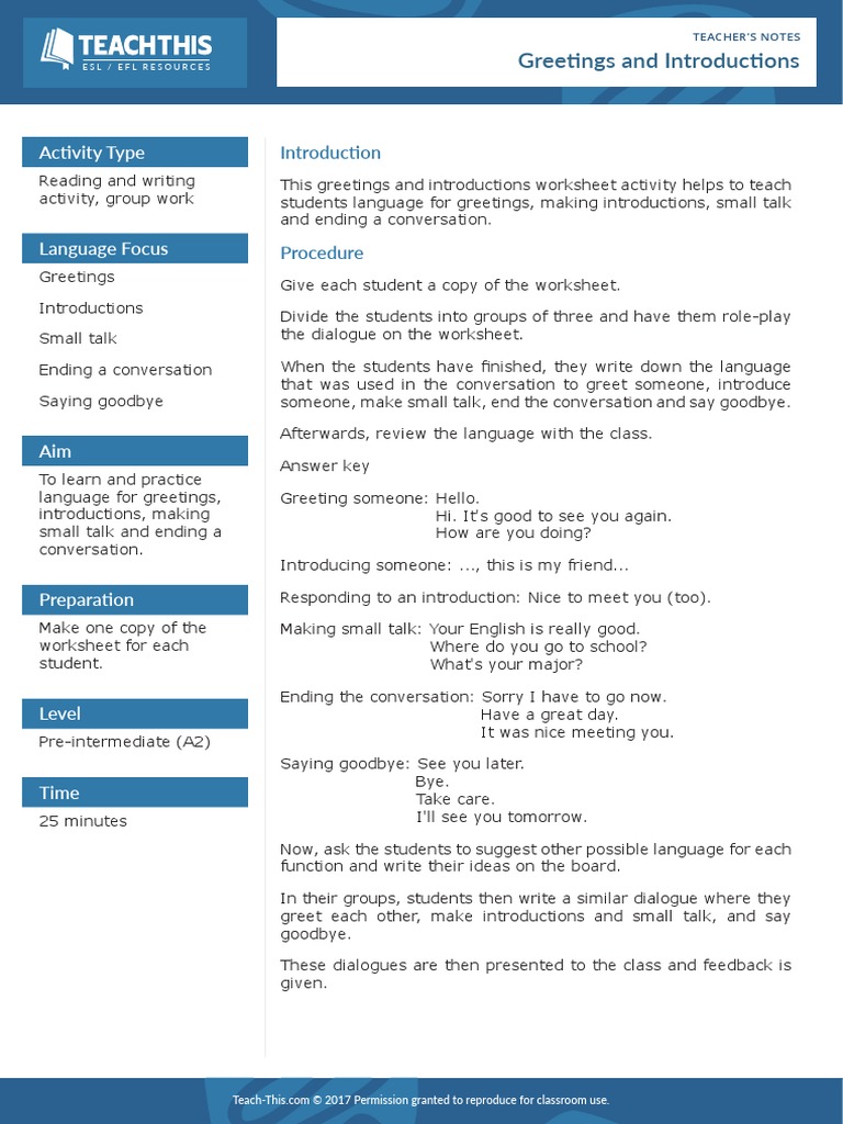 Greetings and Introductions Worksheet | PDF | English As A Second Or ...