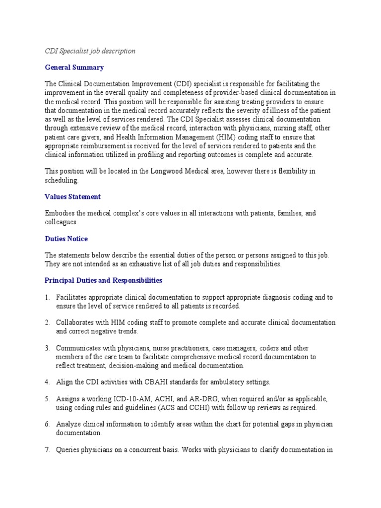 CDI Secialist Job Description | PDF | Nursing | Medical Record