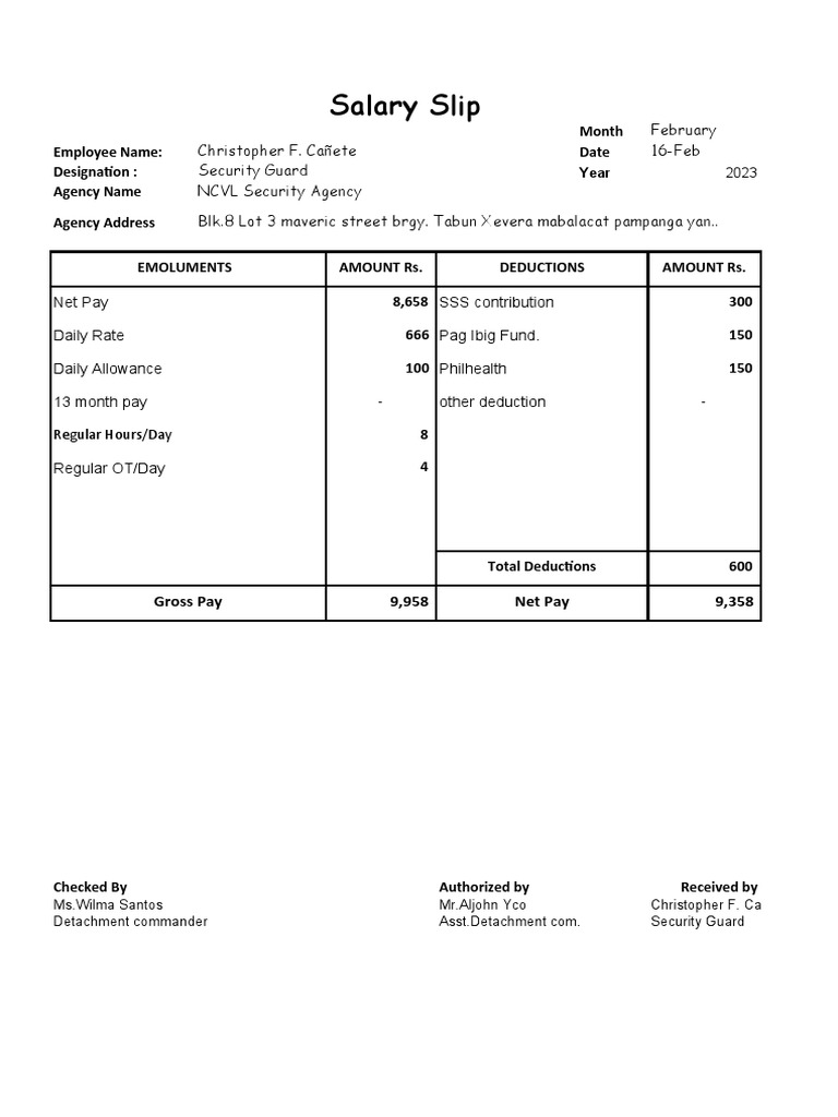 Security Guard Salary Slip - Feb 2023 | PDF