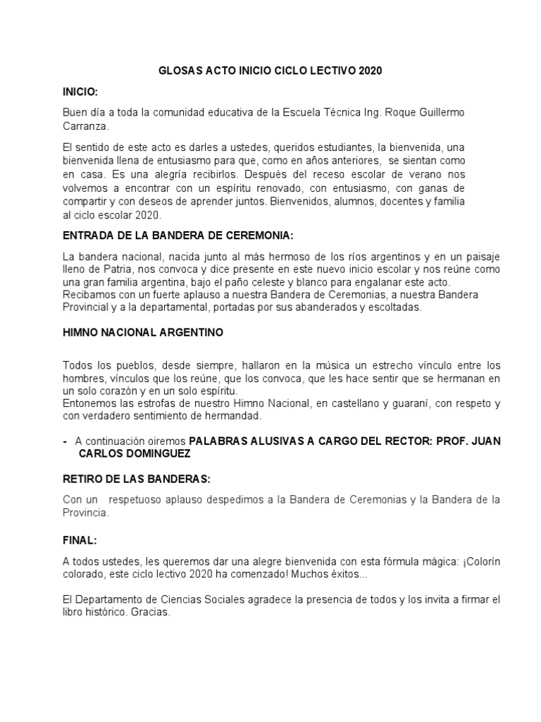 Glosas Acto Inicio Ciclo Lectivo 2020 | PDF