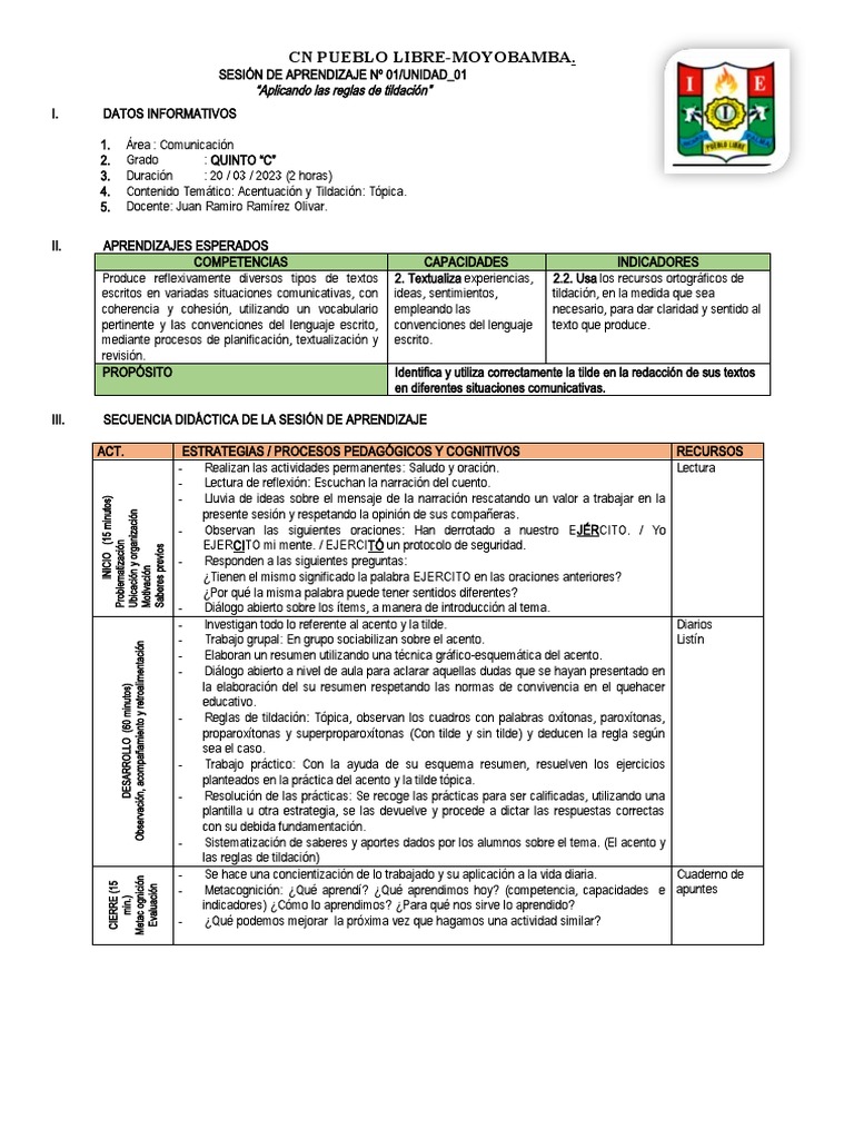 Acentuación y Tilde Tópica - 5t0 A B C | PDF | Aprendizaje | Evaluación