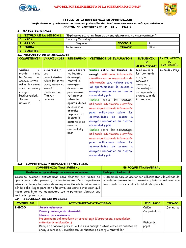 Sesion de Aprendizaje 01 | PDF | Evaluación | Energía renovable