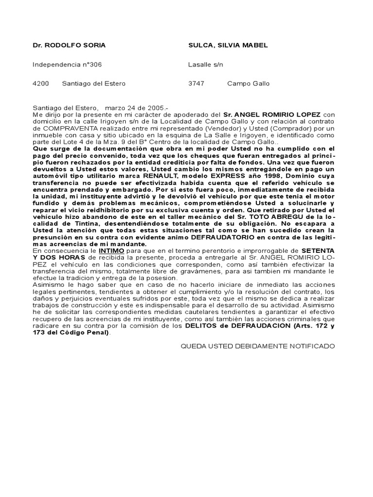 Carta DOCUMENTO INTIMACION DE PAGO | PDF