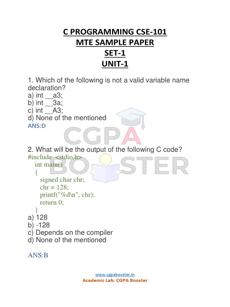 C Programming Sample Paper Set 1 | PDF | C (Programming Language ...