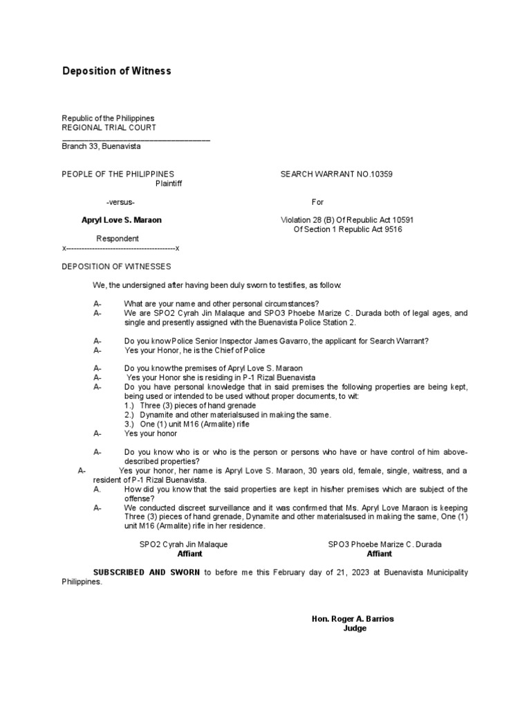 Sample of Deposition of Witness | PDF | Crime & Violence | Criminal Justice