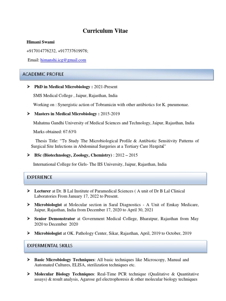 Himani Swami - CV Sept 2022 | PDF | Medical Microbiology | Molecular Biology
