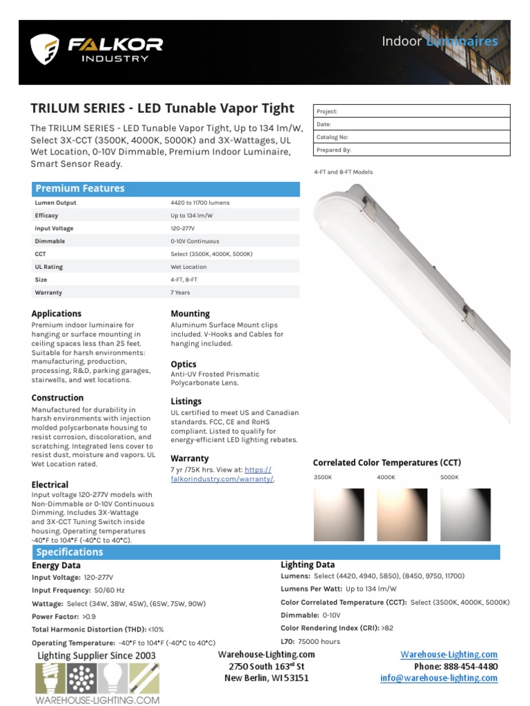 FALKOR INDUSTRY INDOOR TRILUM SERIES LED Tunable Vapor Tight W.2103 ...