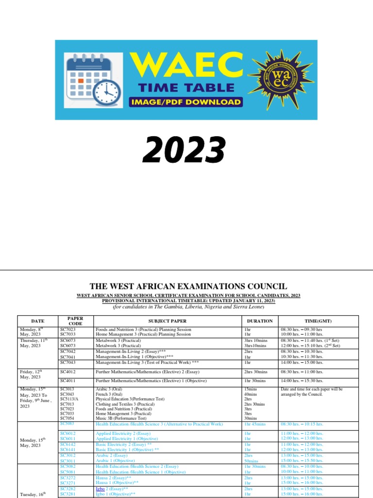 2023 WAEC Exam Timetable | PDF | Plumbing | Science